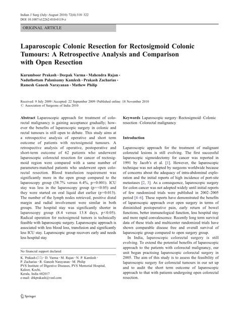 Pdf Laparoscopic Colonic Resection For Rectosigmoid Colonic Tumours