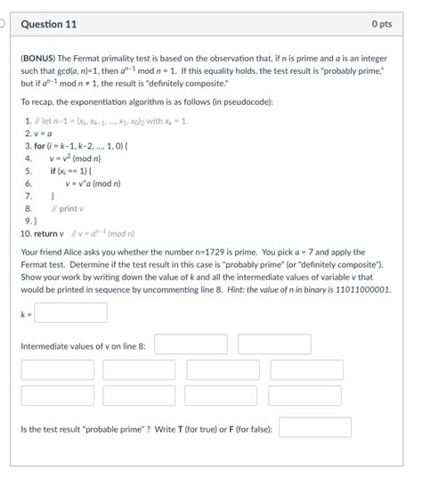 Solved Question 11 O Pts Bonus The Fermat Primality Test