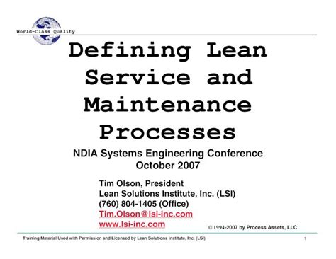 Pdf World Class Quality Defining Lean Service And Maintenance · Training Material Used