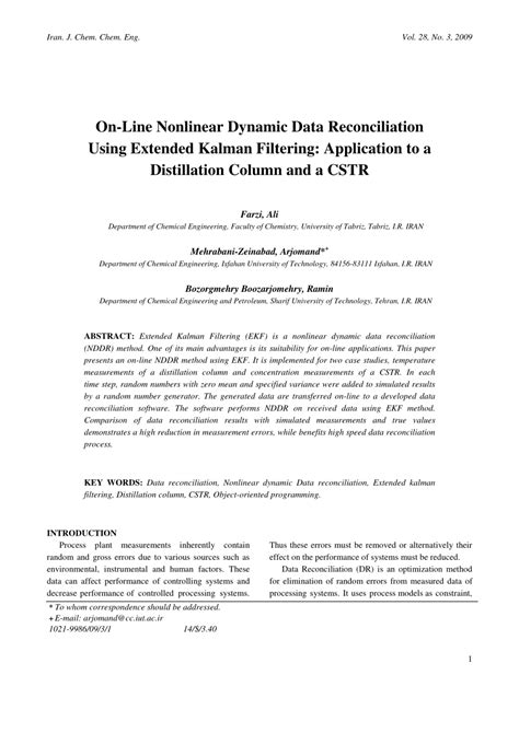Pdf On Line Nonlinear Dynamic Data Reconciliation Using Extended Kalman Filtering Application