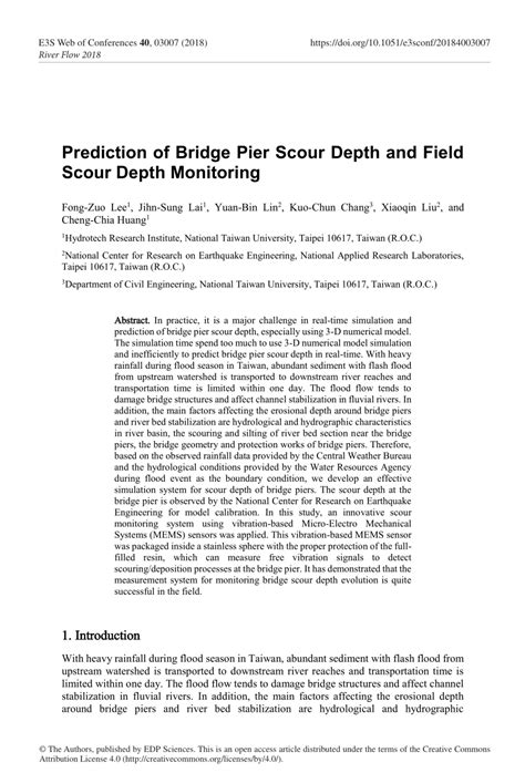 Pdf Prediction Of Bridge Pier Scour Depth And Field Scour Depth Monitoring