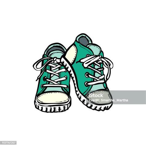 운동 화 단 화 쌍 절연 녹색 신발 손으로 그린 벡터 일러스트 레이 션 로고 포스터 엽서 패션 책자 전단지에 대 한 손으로 그린
