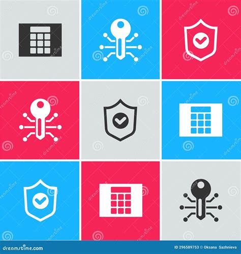Set Password Protection Smart Key And Shield With Check Mark Icon Vector Stock Illustration