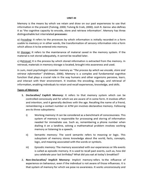 Unit 3 Memory And Others Pdf Memory Psychological Concepts