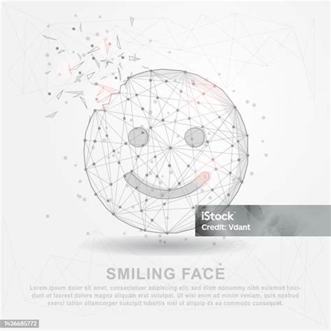 미소 짓는 얼굴 메쉬 선과 구성은 깨진 부분 삼각형 모양의 형태로 디지털 방식으로 그려집니다 로우 폴리곤 모델링에 대한 스톡