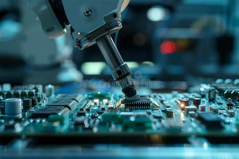 Robotic Arm Performing Precise Operations On An Electronic Circuit Board In A Modern