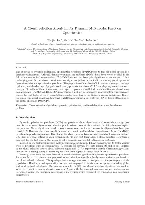 Pdf A Clonal Selection Algorithm For Dynamic Multimodal Function Optimization