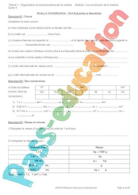 Solubilité Et Miscibilité 5ème Séquence Complète Pdf à Imprimer