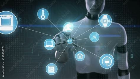 Robot Cyborg Touch Screen Iot Technology Connect Global World Map Dots Makes World Map