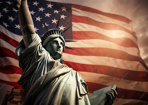 Premium Photo Statue Of Liberty With An American Flag In The Background