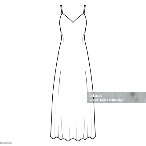 깊은 V넥 맥시 앙클 길이 느슨한 모양 세미 시르큘러 충만이 있는 스트랩 선 드레스 테크니컬 패션 일러스트 0명에 대한 스톡