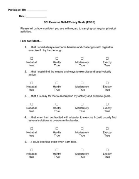 Sci Exercise Self Efficacy Scale Eses Rehabilitation Research