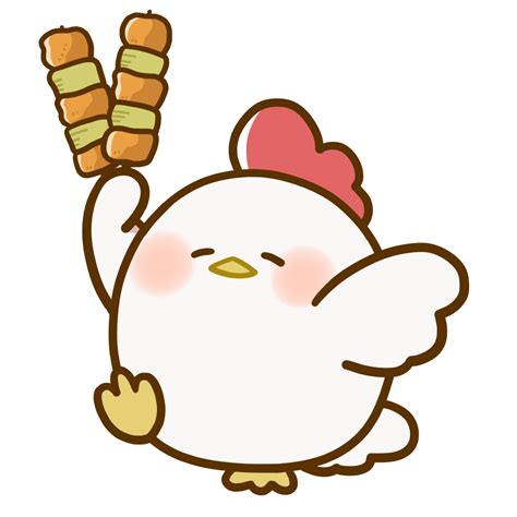 【栄養・食べ物・動物】焼き鳥をもっているニワトリさんのかわいいフリーイラスト フタバのフリーイラスト