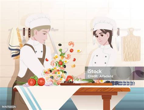 유리 그릇과 재료로 주방 테이블 뒤에서 요리하는 요리사가 세라믹 타일 배경에 샐러드 만화 캐릭터 디자인 벡터 일러스트 레이 션을 준비합니다 가구에 대한 스톡 벡터 아트 및