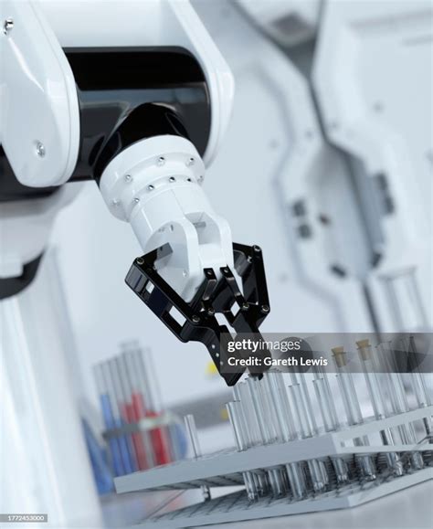 Automated Robot Arm Working In A Laboratory With Test Tubes And Bottles