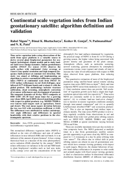 Pdf Continental Scale Vegetation Index From Indian Geostationary