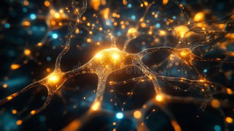 Close Up Of A Glowing Neuron With Intricate Branching Dendrites And Axons Stock Illustration