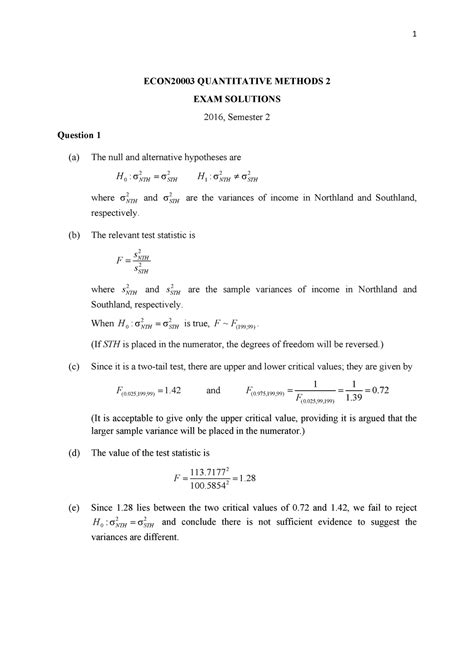 Exam 2016 Answers 1 Econ20003 Quantitative Methods 2 Exam Solutions 2016 Semester 2 Question