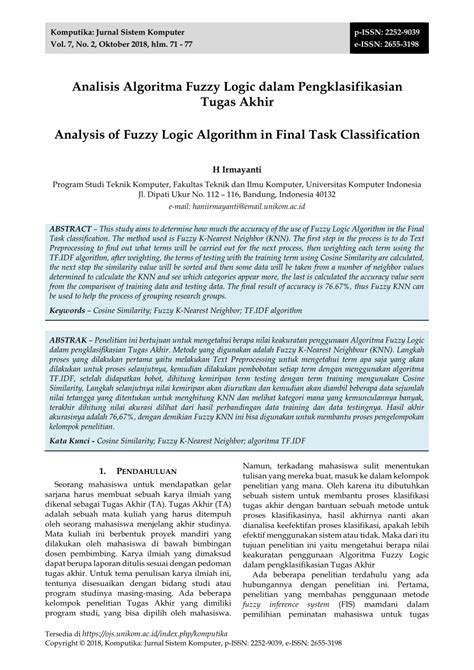 Pdf Analisis Algoritma Fuzzy Logic Dalam Pengklasifikasian Tugas Akhir