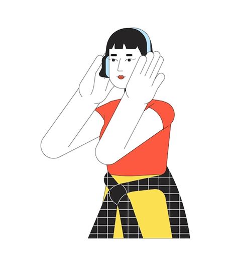 아시아 십대 소녀 헤드폰 2d 선형 만화 캐릭터 현대 한국 여성 음악을 듣는 고립된 선 ⁇ 터 사람 백인 배경 ⁇ 캐스트 청취자