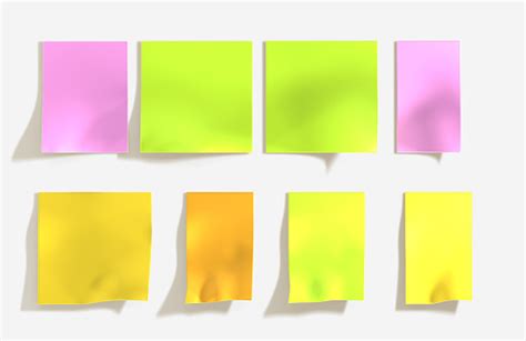 흰색 벽에 붙어있는 다양한 모양의 스티커 모형 색상 태그 메모용 스티커 메모 빈 종이 사각형 및 사각형 알림 목록 배경에 격리된