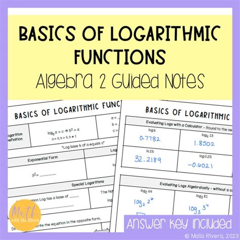 Basics Of Logarithmic Functions Guided Notes For Algebra 2 Printable No