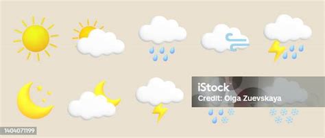 태양 달 별 번개 구름 비 눈 바람 뇌우 귀여운 3d 만화 날씨 아이콘 세트 3차원 형태에 대한 스톡 벡터 아트 및 기타 이미지 Istock
