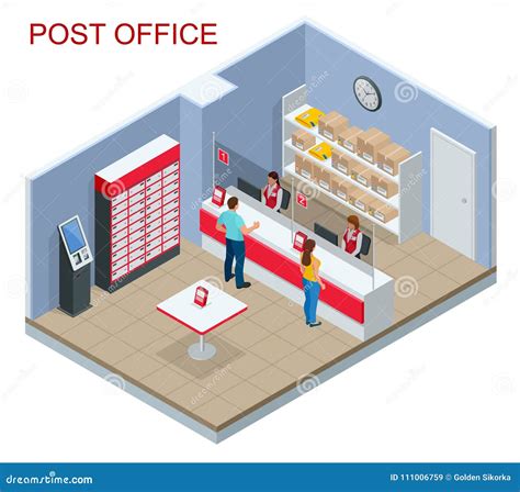 Isometric Post Office Concept Young Man And Woman Waiting For A Parcel