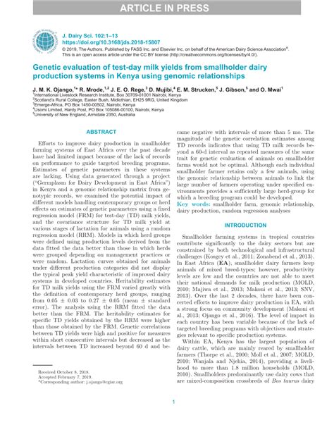 Pdf Genetic Evaluation Of Test Day Milk Yields From Smallholder Dairy Production Systems In