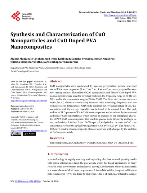 Pdf Synthesis And Characterization Of Cuo Nanoparticles And Cuo Doped Pva Nanocomposites