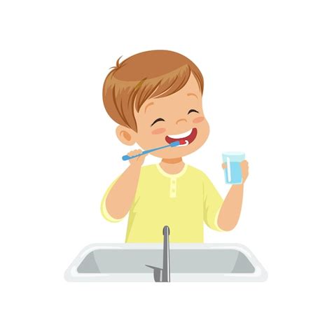 Niño Cepillándose Los Dientes Y Enjuagándose Con Agua Niño Cuidando Los