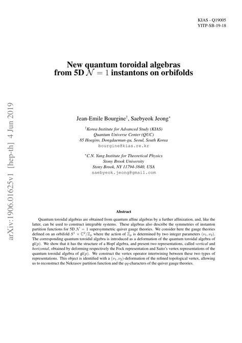 Pdf New Quantum Toroidal Algebras From 5d Mathcal N 1 Instantons On Orbifolds