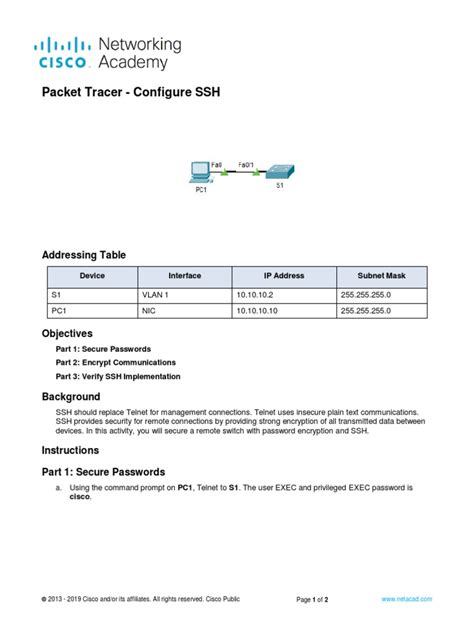Packet Tracer Configure Ssh Addressing Table Pdf Key Cryptography Data Transmission