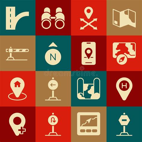 Set Stop Sign Helicopter Landing Pad City Map Navigation Location Compass Parking Car