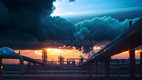 A Massive Pipe Extends Vertically Into The Cloudy Sky Grotesque Silhouette Of Industrial