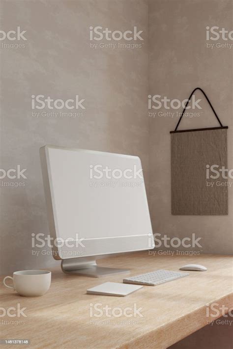 나무 테이블에 데스크톱 컴퓨터 모형이 있는 최소한의 스칸디나비아 작업 공간 3d 렌더링 0명에 대한 스톡 사진 및 기타 이미지 0명 3차원 형태 가정의 방 Istock