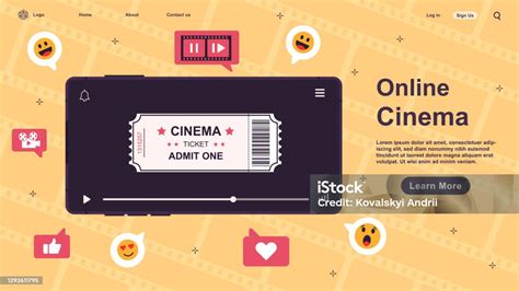 온라인 시네마 포스터 벡터 온라인 시네마 티켓 주문 개념의 플랫 디자인 벡터 일러스트레이션 스마트폰을 통해 비디오 클립 영화를