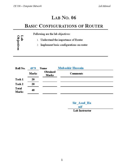 Cn Lab 6 Basic Router Configuration Mubashir Hussain 4979 Pdf Router Computing Computer