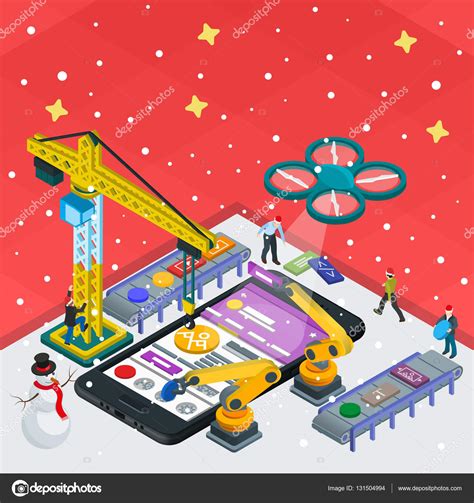 Developing Mobile App Flat 3d Isometric Style People Working On Startup Red Web Design