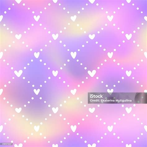 귀여운 홀로그램 심장 완벽 한 패턴입니다 벡터 손으로 그린 사랑 마음 대각선 점선 호일 무지개 그라디언트 배경에 마름모 흰색 질감 발렌타인 데이 벽지 유행 추상 인쇄 2월에