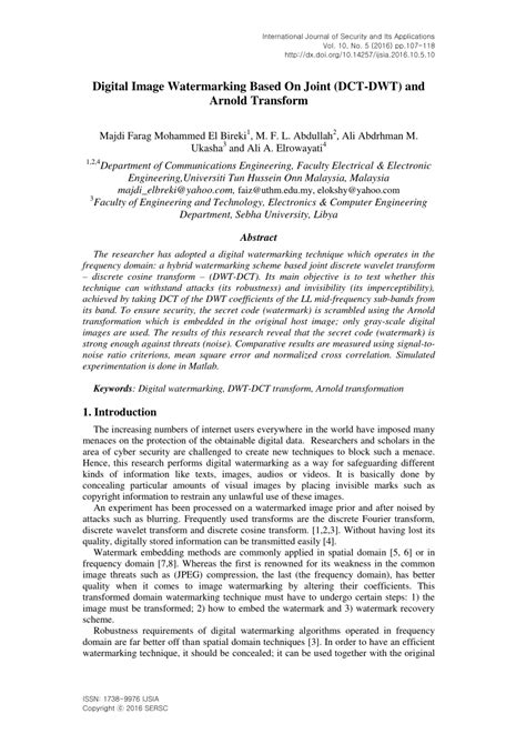 pdf digital image watermarking based on joint dct dwt and arnold