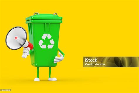 레드 레트로 메가폰을 곁들인 재활용 표지판 녹색 쓰레기 통 캐릭터 마스코트 3d 렌더링 광고에 대한 스톡 사진 및 기타 이미지 광고 노랑 단체 Istock