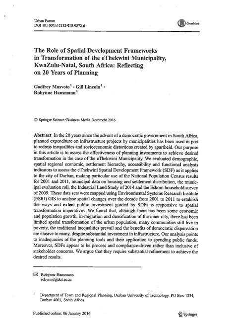 Pdf The Role Of Spatial Development Frameworks In Transformation Of The Ethekwini Municipality