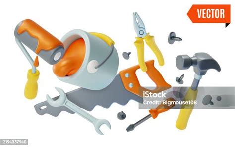 3d 수정 및 수리 개념 플로팅 핸드 톱 드라이버 버킷 및 페인트 롤러 만화 디자인 스타일 벡터 개념에 대한 스톡 벡터 아트 및 기타 이미지 Istock