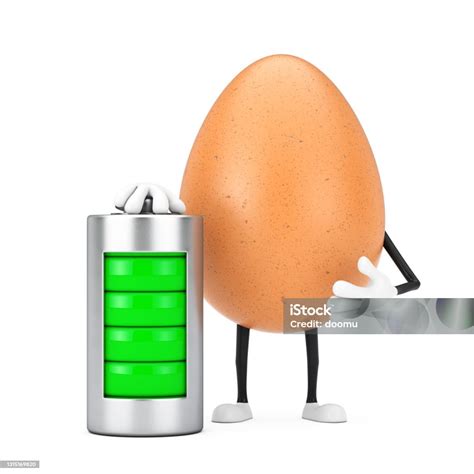 추상 충전 배터리와 갈색 치킨 계란 사람 캐릭터 마스코트 3d 렌더링 가득 찬에 대한 스톡 사진 및 기타 이미지 가득 찬 개념 귀여운 Istock