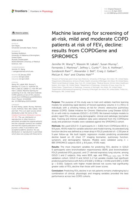 Pdf Machine Learning For Screening Of At Risk Mild And Moderate Copd Patients At Risk Of Fev1
