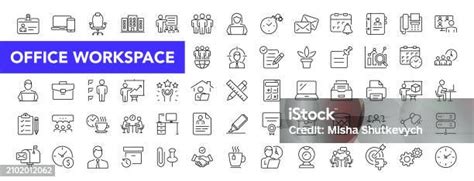 편집 가능한 획으로 설정된 Office 작업 영역 아이콘입니다 Office 및 코워킹 가는 선 아이콘 모음 벡터 일러스트 레이
