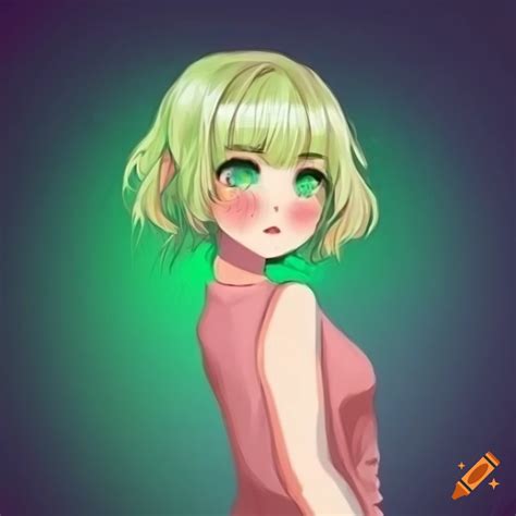 Anime Girl With Blonde Hair Blunt Bangs And Green Eyes In A Pink