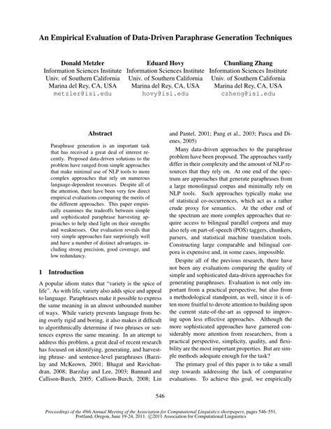 Pdf An Empirical Evaluation Of Data Driven Paraphrase Generation Techniques