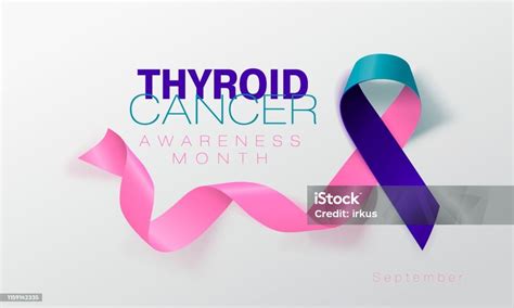 갑상선암 인식 서예 포스터 디자인 현실적인 청록과 핑크와 블루 리본 9월은 암 인식의 달입니다 벡터 9월에 대한 스톡 벡터 아트 및 기타 이미지 Istock